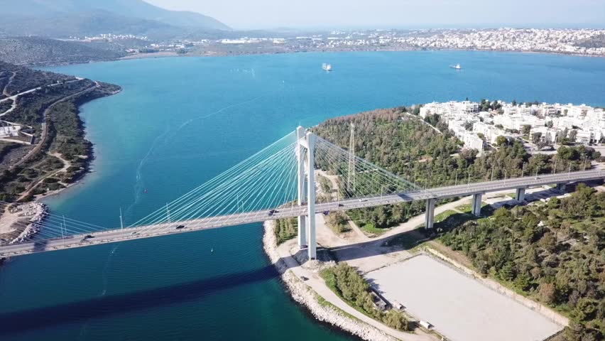 Aerial Drone Bird's Eye View Video Of Iconic Chalkida Bridge That Links ...