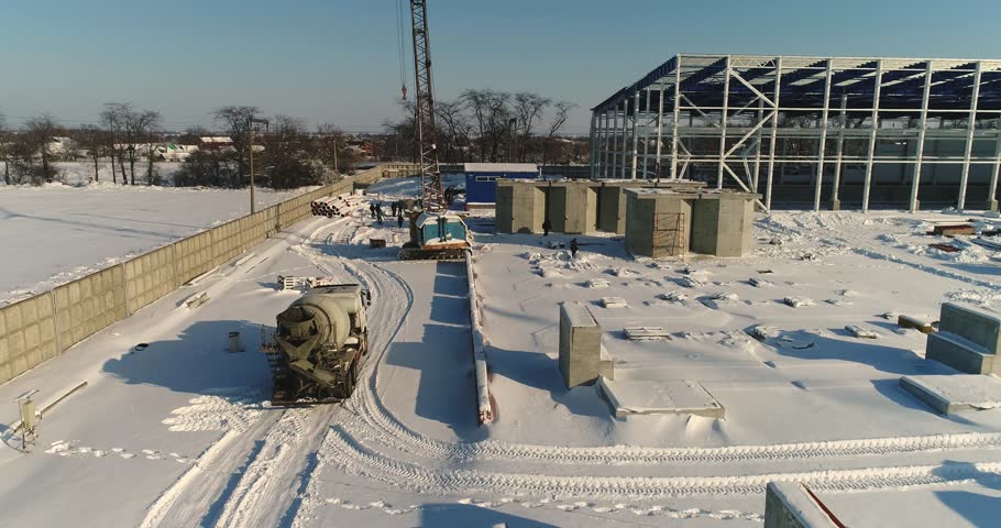 Construction Of A Modern Factory Or Plant, Industrial Area In Winter ...