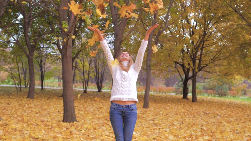 Fall Joyful Playful Caucasian Woman Enjoying Smile In Yellow Woods ...