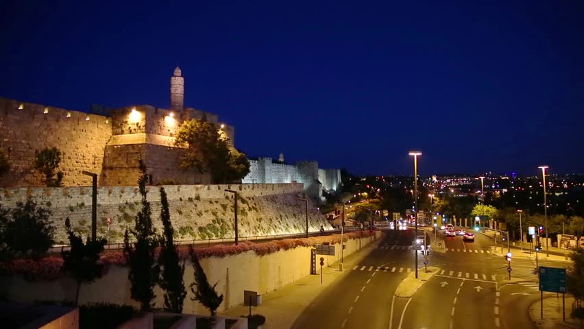 Illuminated Jerusalem Old City Wall At Night, Israel Stock Footage ...