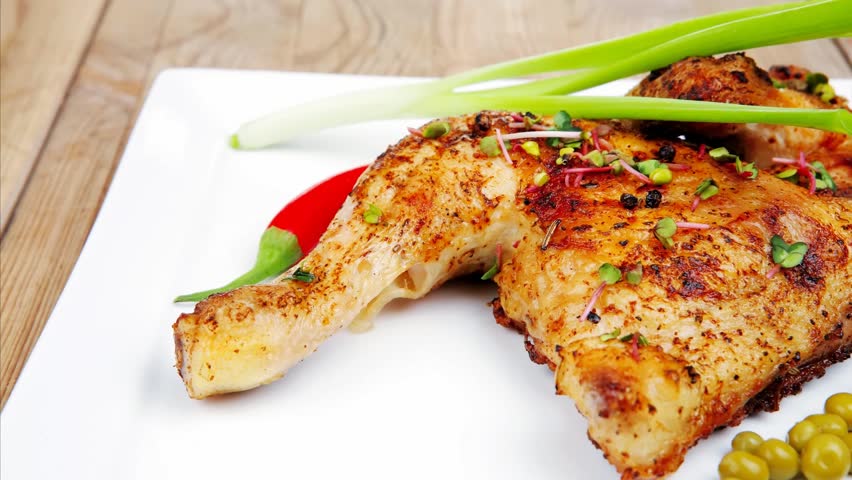 Meat Food : Roasted Chicken Legs Garnished With Green Onion Pens And ...