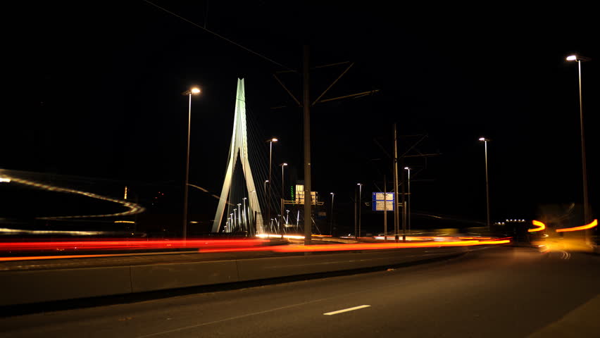 Skyline and Erasmus Bridge at night in Rotterdam, Netherlands image ...