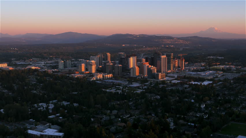 City Of Bellevue, Washington Aerial View At Sunset. Bellevue, WA ...