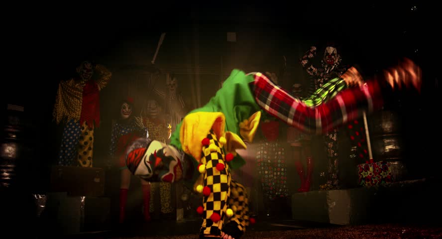 A Group Of Clowns. Two Clown Acrobat Dance Break Dance. Halloween Party ...