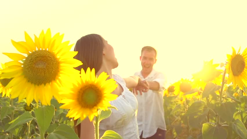 Stock video of happy couple running on sunflower field, | 12288599 ...
