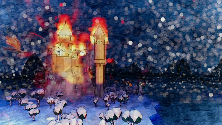 Stock Video Clip of Dragons flying around burning castle. Cartoon ...