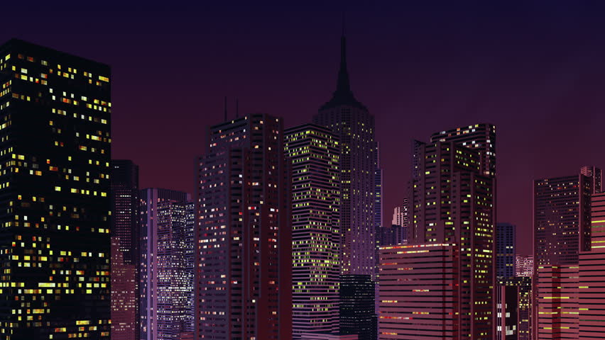4k City Time Night. Animated Cartoon Of A City Skyline.Twilight City ...