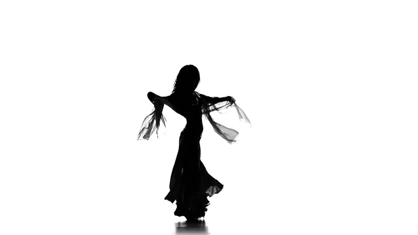 Pretty Young Woman Continue Dancing Belly Dance With Shawl Sihouette On White Slow Motion