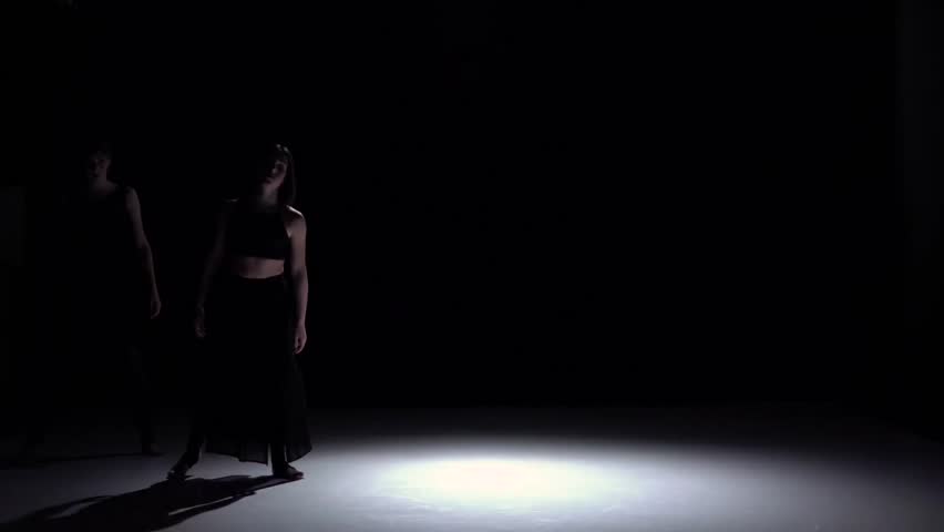 Modern Dancer Girl In Dark Dress Starts Dancing Contemporary On Black ...