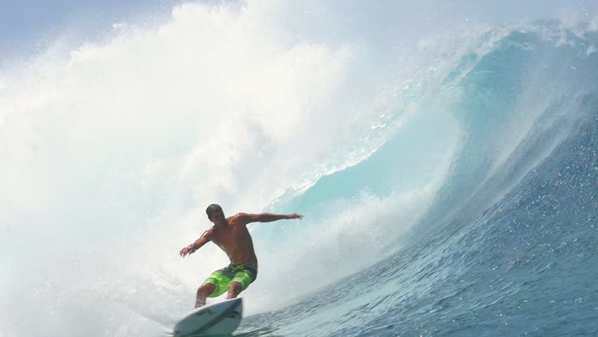 SLOW MOTION: Cheerful Extreme Pro Surfer Surfing Big Tube Barrel Wave ...