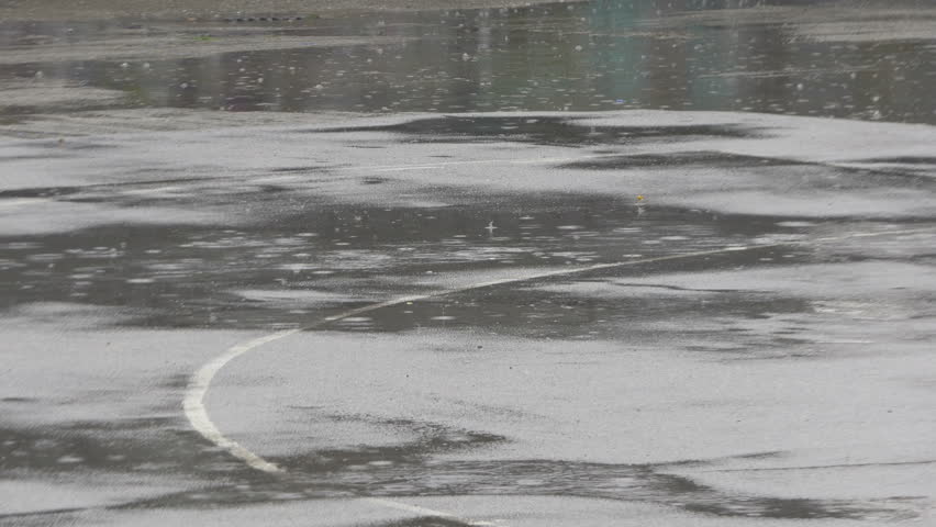Rain Drops Falling In Puddle, Close Up, Water Dropping On Flooded City ...
