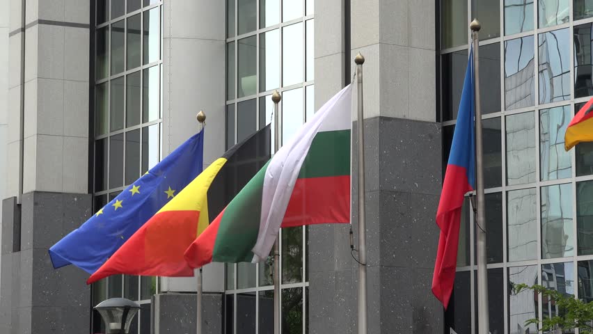Close Up Of Waving Flags Row. European Union (EU) Flag Together With ...