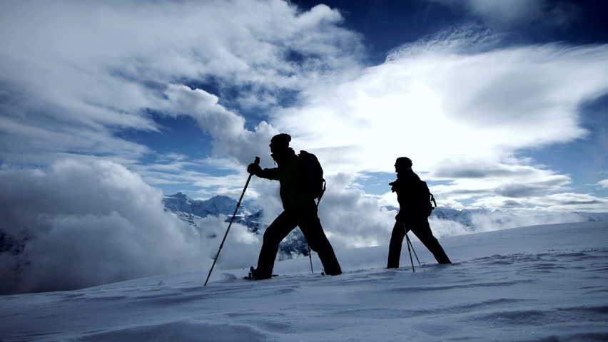 Hikers Walking In The Snow. Expedition Journey. Foot Feet Steeps. Snow ...