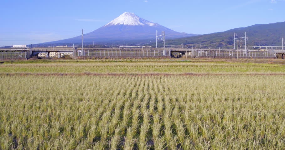 Japan, Honshu, Mount Fuji, Shinkansen Bullet Trains Passing Through ...