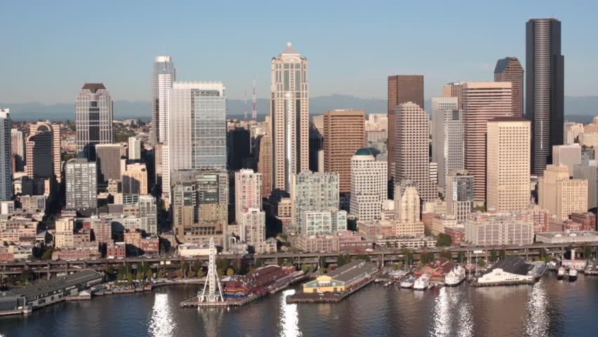 Aerial Seattle, WA Downtown Waterfront Business District Stock Footage ...
