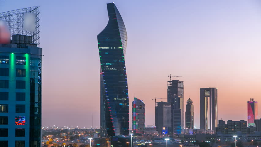 Skyline With Skyscrapers Day To Night Timelapse In Kuwait City Downtown ...