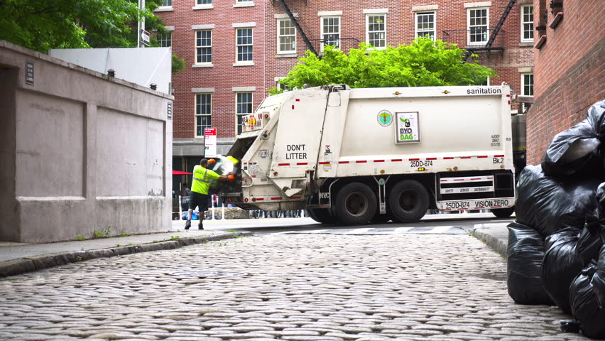 Brooklyn, NY - June 2016: DSNY Workers Collect Trash On A City Street ...