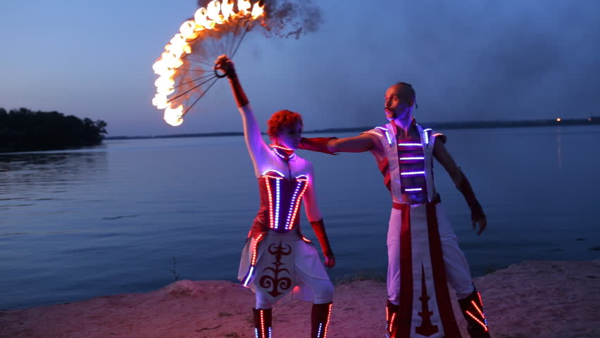 Fireshow Performance with Burning Torch Stock Footage Video (100% ...