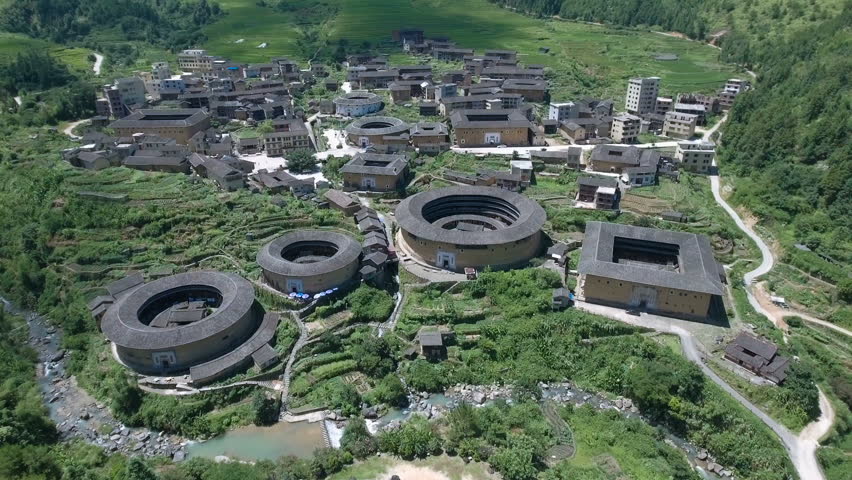 Aerial Drone Footage Of Mysterious Looking Hakka Round Houses, Or ...