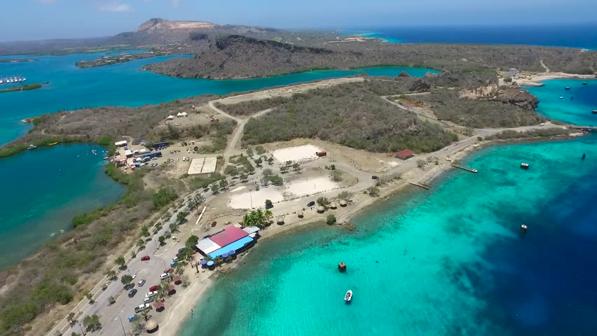 Aerial Overview Reveal Shot Of Fort Beekenburg And Baya Beach On ...