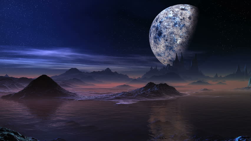 Alien Planet, Moon, And Nebula. The Camera Flies Over Mountains And ...