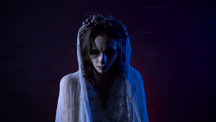 Ghost Of Lonely Dead Bride In White Wedding Dress And Veil Standing ...