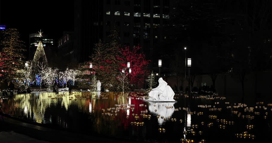 Christmas Nativity Scene In The Middle Of A Reflection Pool On Temple ...