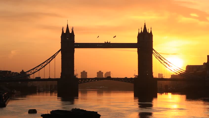 London Tower Bridge With Purple Sunset In The Background. Stock Footage ...