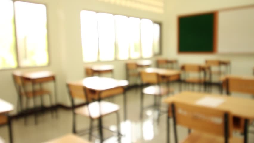 Blurred Of School Classroom With Desks Chair Wood, And Blackboard In ...