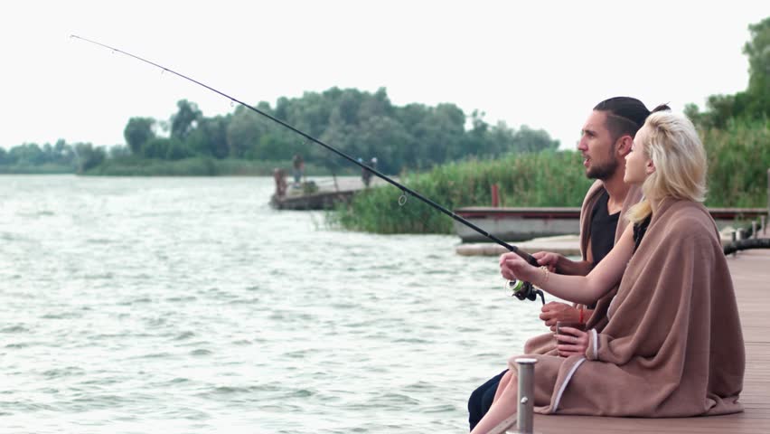 Happy Couple Fishing On Spinning Together At Sunbeam, Lovely Couple ...