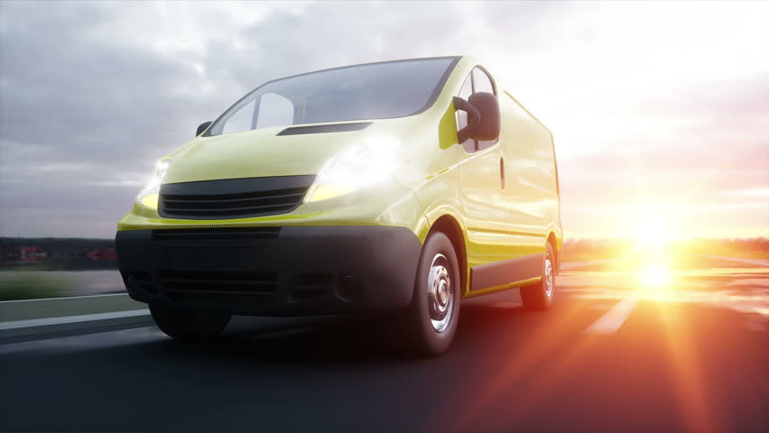 Yellow Delivery Van On Highway. Very Fast Driving. Transport And ...