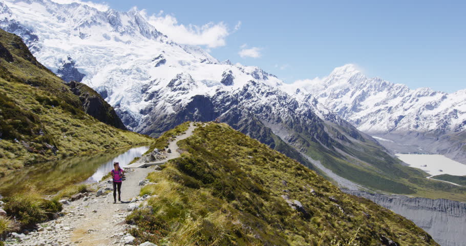Hiking Woman In New Zealand Mount Cook Nature Mountain Landscape. Alone ...