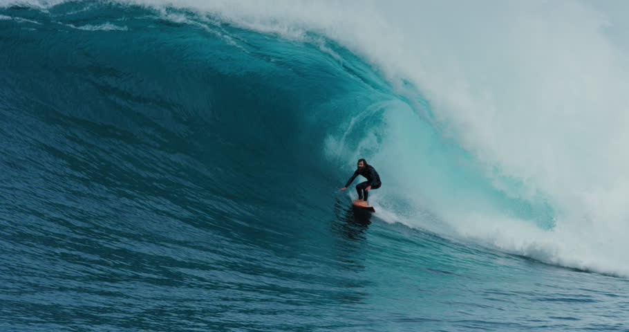 SLOW MOTION: Cheerful Extreme Pro Surfer Surfing Big Tube Barrel Wave ...