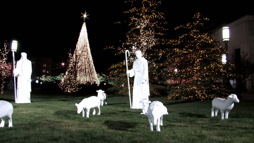 Christmas Nativity Scene In The Middle Of A Reflection Pool On Temple ...