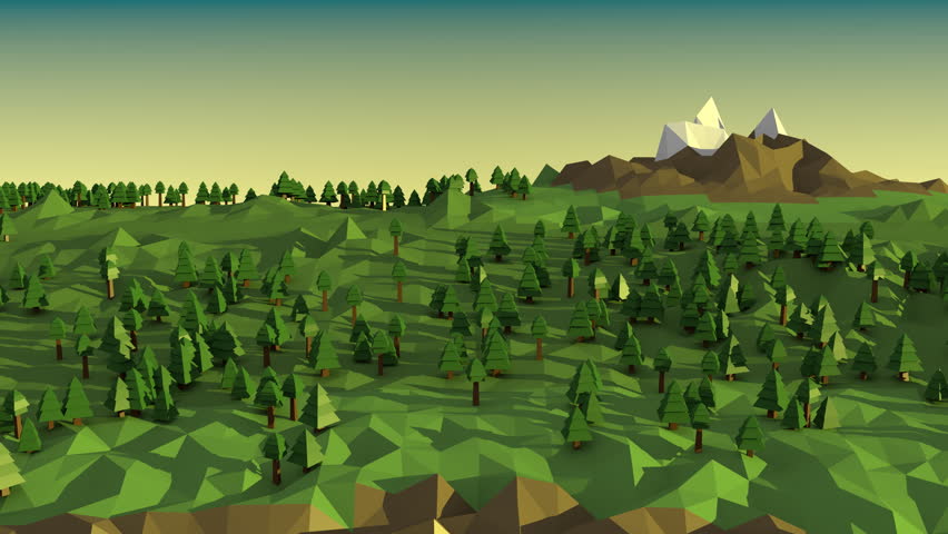 Walk Through Low Polygonal Mountain Valley Forest With Small House ...
