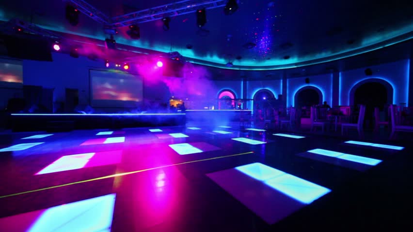 Waiter Walks In Club With Dance Floor Near Stage And Bar, Panoramic ...