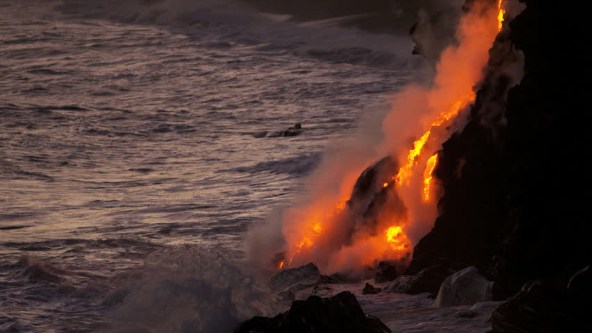 Tourist Looking At Volcanic Eruption Lava Flowing Into The Ocean. Steam ...