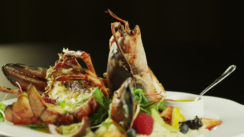 Chef Serving Lobster Dish In Luxury Restaurant, Close-Up. Shot On RED ...
