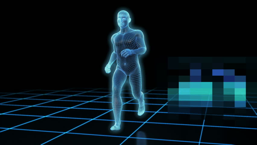 Wire Frame Man Running With EKG Monitor In Front Of Him. Wide Shot ...