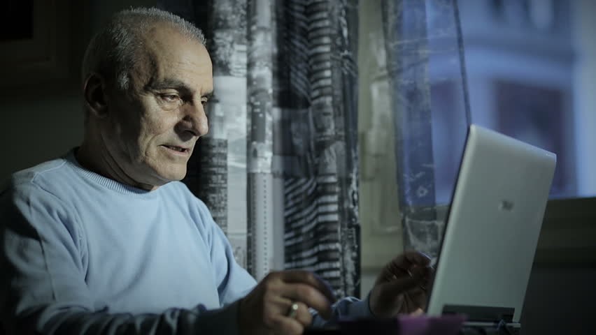 Old Man In Front Of Computer Screen. Dark Night Room And Blue Light ...