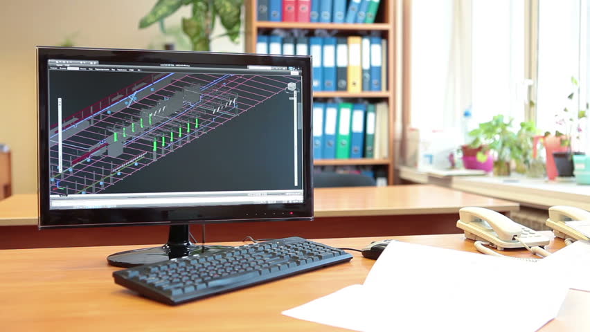 Construction Engineer Workplace With 3D Model In Computer And ...