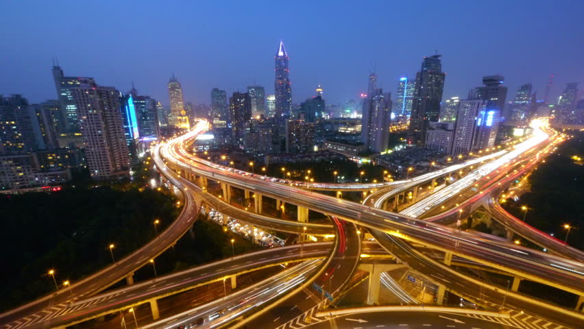 Complex Highways In Shanghai, China, At Night. Scenic Aerial View Of ...
