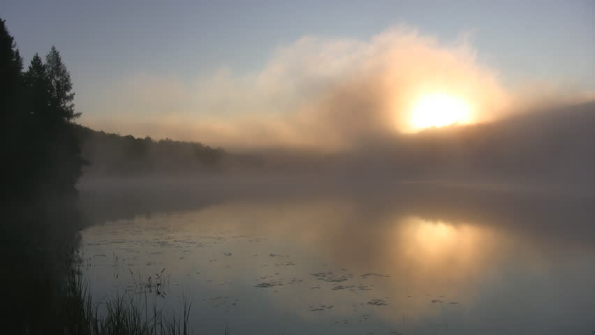Golden Misty Morning At The Lake. Sun Tries To Break Through The ...
