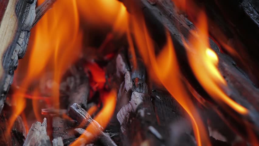Close Up Of A Wild Camping Fire, With Gentle Flames And Smoke. Stock ...