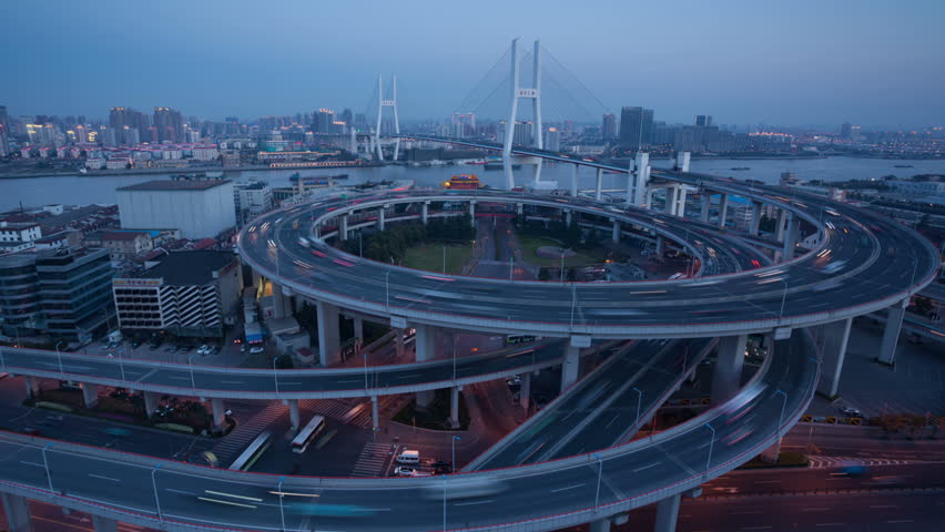Nanpu Bridge Interchange, Huangpu River, Aerial View Of Shanghai, China ...