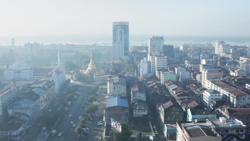 Aerial View Of Yangon Skyline Looking Southwest Towards Yangon Port ...