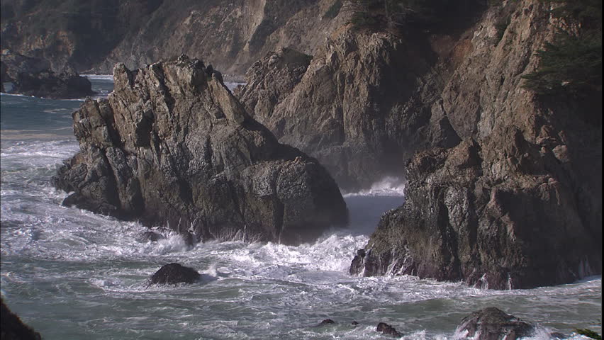 Waves Hit The Rocky Cliffs Of Big Sur, Close Up Stock Footage Video ...