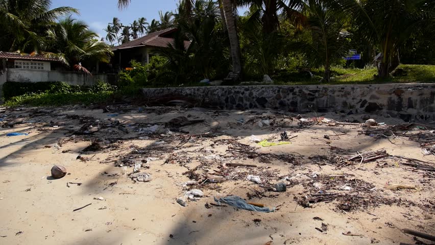 Dirty Beach With Garbage. Thailand. Koh Samui. HD, 1920x1080. Stock ...