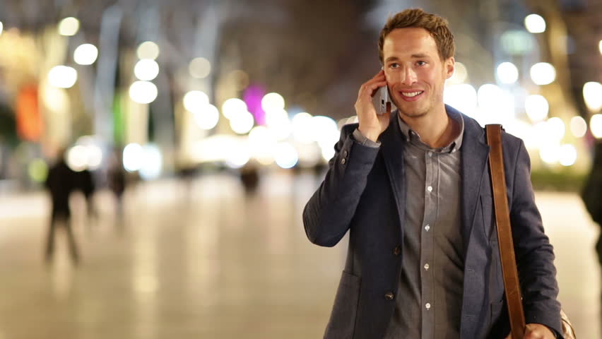 Smart Phone Man Calling On Mobile Phone At Night In City. Handsome ...
