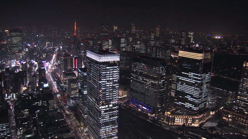 Aerial Metropolis Night Illuminated Entertainment Area Offices ...